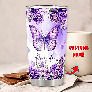 Dorric Personalized Christian Tumbler Purple Butterfly Travel Coffee Mug Insulated Cup with Lid Stainless Steel 20 30 oz Religious Gifts for Women Friend Sister Aunt Christmas Birthday