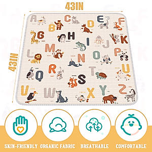 Funtery 43 x 43 Inch Boho Rainbow Baby Play Mat Portable Crawling Washable Foldable Tummy Time Non Slip Baby Floor Large Playpen Mat for Infants Toddlers Floor Playpen Activity(Woodland Animal)