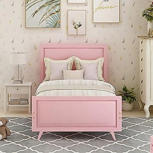 Wood Platform Bed Twin Bed Frame Mattress Foundation Sleigh Bed with Headboard/Footboard/Wood Slat Support,No Box Spring Needed (Pink)