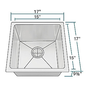 MR Direct 1717-18-ENS Stainless Steel 17" x 17" Undermount Kitchen Sink with Additional Accessories, 17"