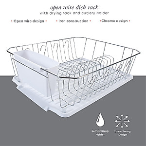 Kitchen Details 3 Piece Dish Rack | Drying Rack, Cutlery Basket & Drainboard Tray | Countertop | Self Draining | Open Wire Design | Chrome | White