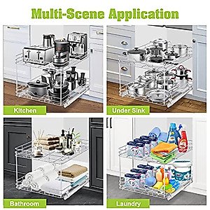 BONADOM 2 Tier Pull Out Cabinet Organizer(21''Dx17''W) Heavy Duty Slide Out Drawers for Kitchen Cabinets Storage Roll Out Shelf Rack Storage for Pots, Pans, PullOut Cupboard Organizer