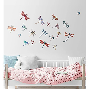 Watercolour Dragonfly Wall Decals，Dragonfly Sticker for Nursery，Lovely Animal Window Clings Decoration Wallpaper Mural for Kid’s Room Classroom School