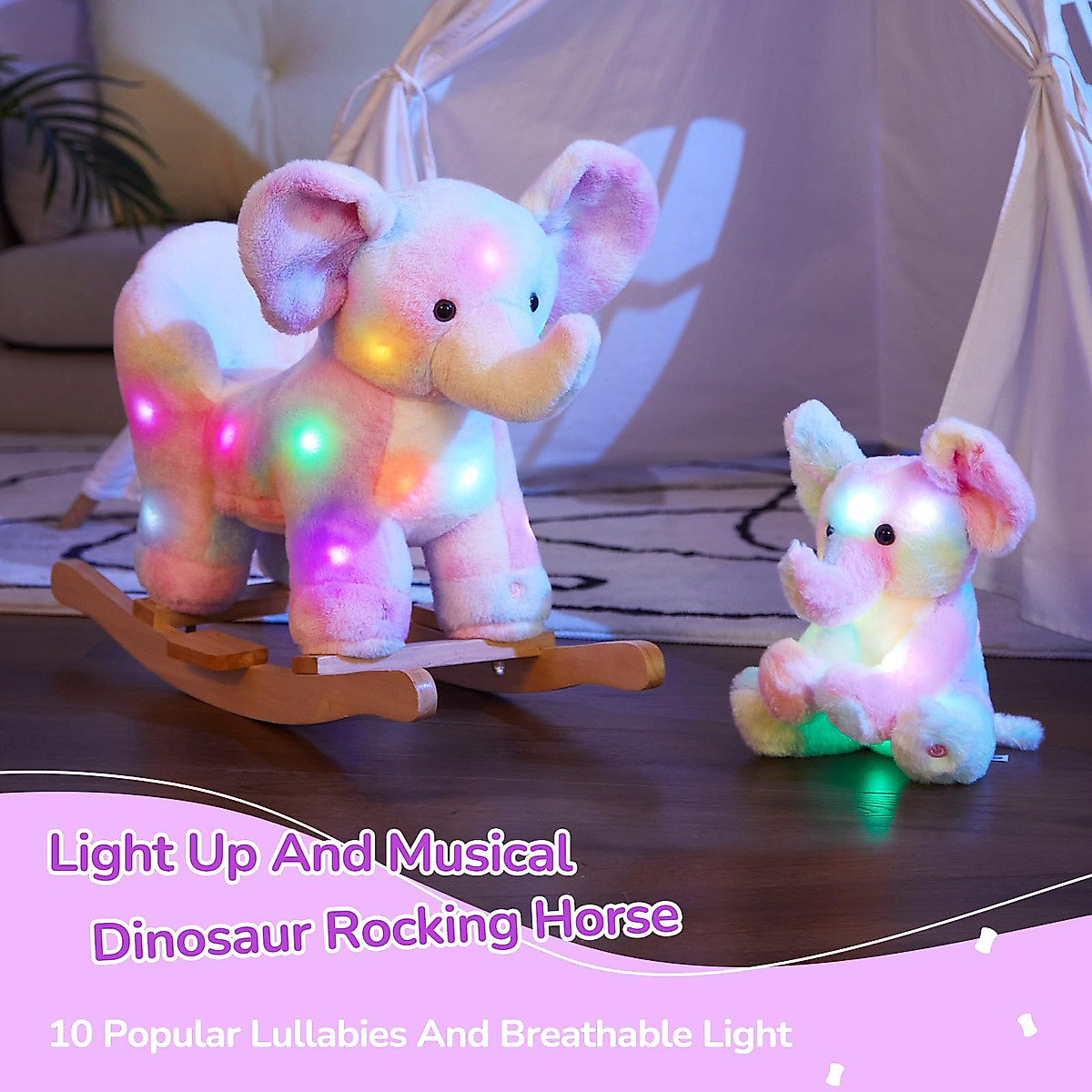 Glow Guards Light up Musical Elephant Baby Rocking Horse Set of 2 with Rainbow Elephant Plush Toy Baby Wooden Chair for Toddlers Girls and Babies Age 1-3 (Elephant)