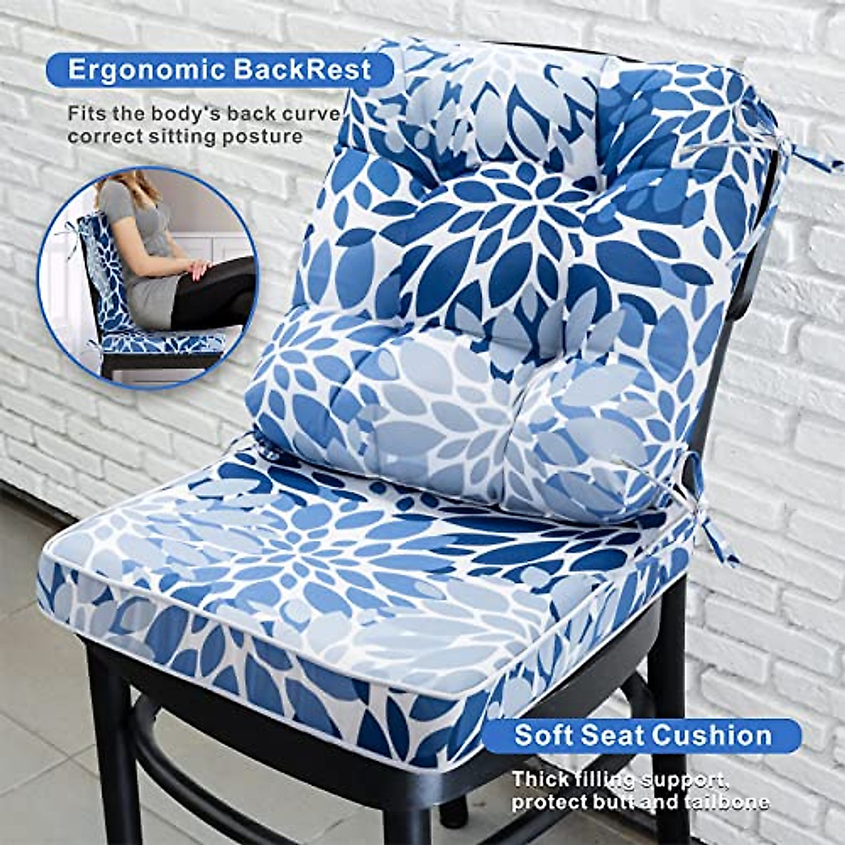 JMKaixin Outdoor Seat/Back Deep Chair Cushion Set for Patio Furniture - Lounge Chair Cushions with Ties - Water-Resistant Patio Chair Cushions 19x19 (Blue and Grey)
