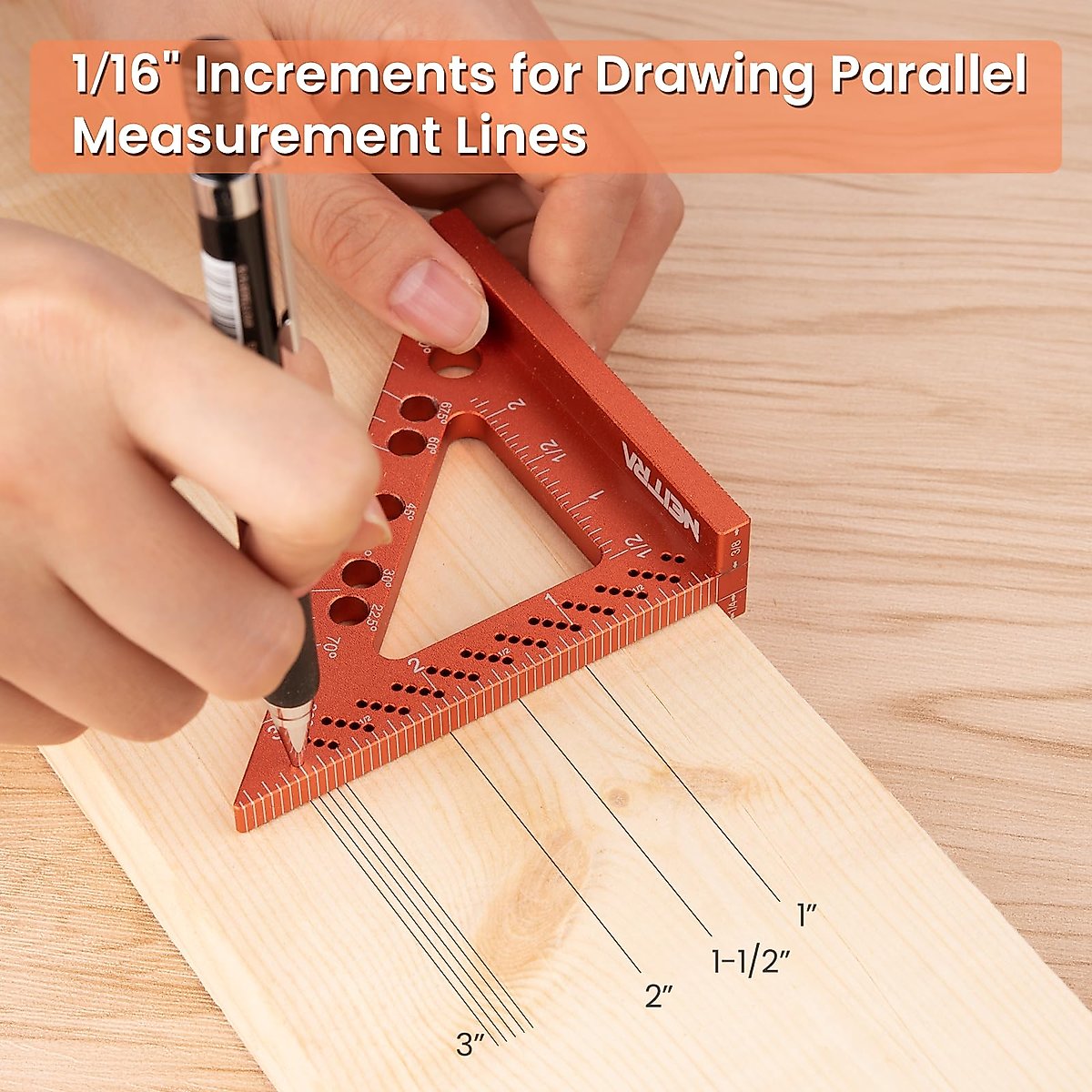 Neitra Small Square Ruler with Fixed Angle Pin, Accurate Compact Aluminum Alloy Mini Squares with Laser Etched Markings, Includes a Mechanical Pencil for Carpenter Woodworking Furniture Projects
