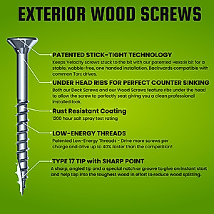 Velocity Long Length Exterior 7 Inch Wood Screws - T25 Torx Bits (Size #12) – Rust Resistant Long Wood Screw Set with Stick Tight Hexstix Driver Bit, (25 Count)