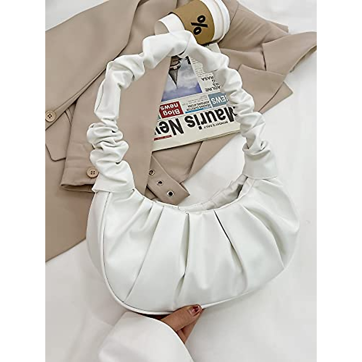 WDIRARA Women's Ruched Bag PU Leather Shoulder Handbag Bag Mini Purse White one-size