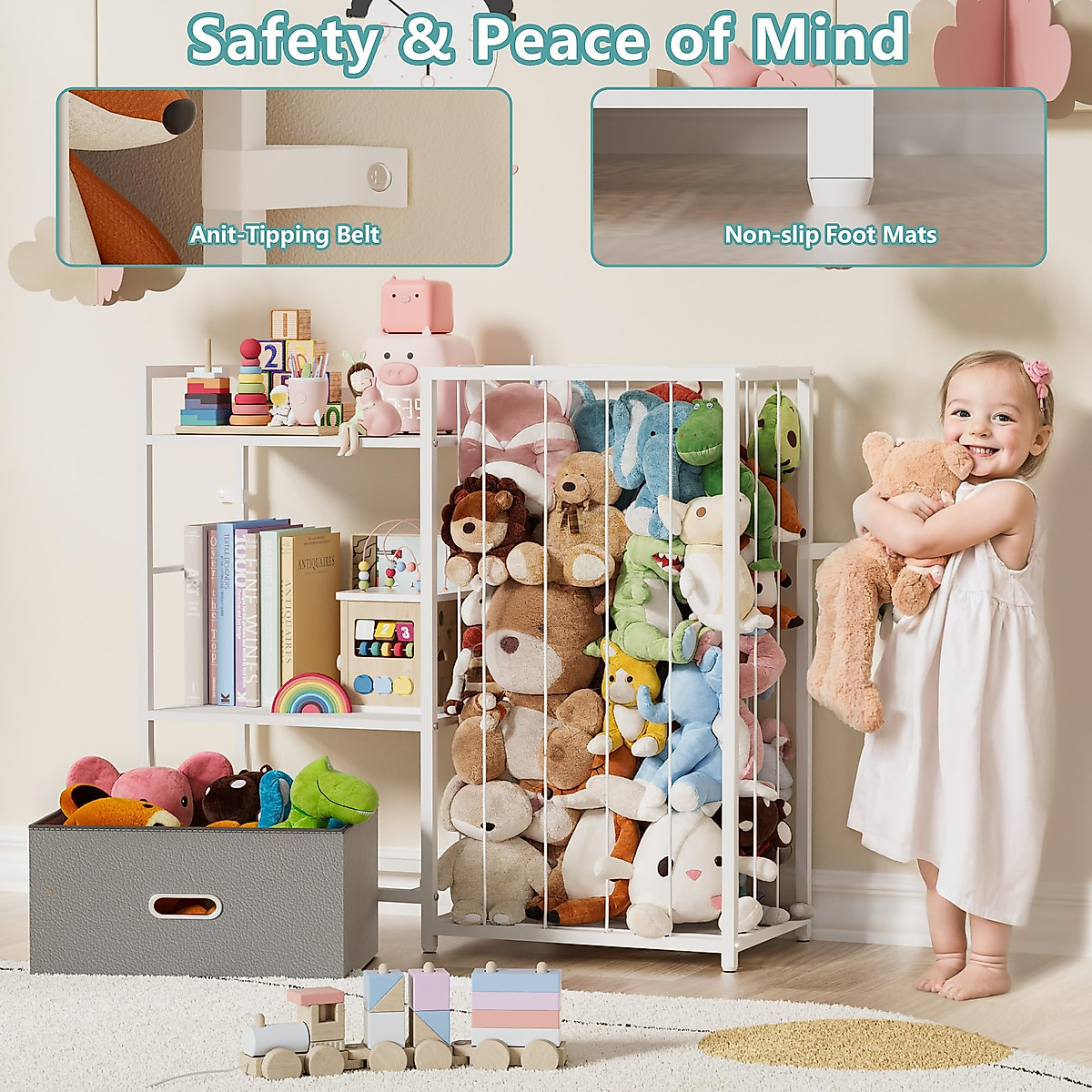 Stuffed Animal Storage Toy Storage Organizer, Metal Toy Storage with Kids Bookshelf and Toy Box, Stuff Animal Organizer Toy Bin, Plushies Storage Holder Zoo Toy Chest for Kids Room, Playroom, Nursery