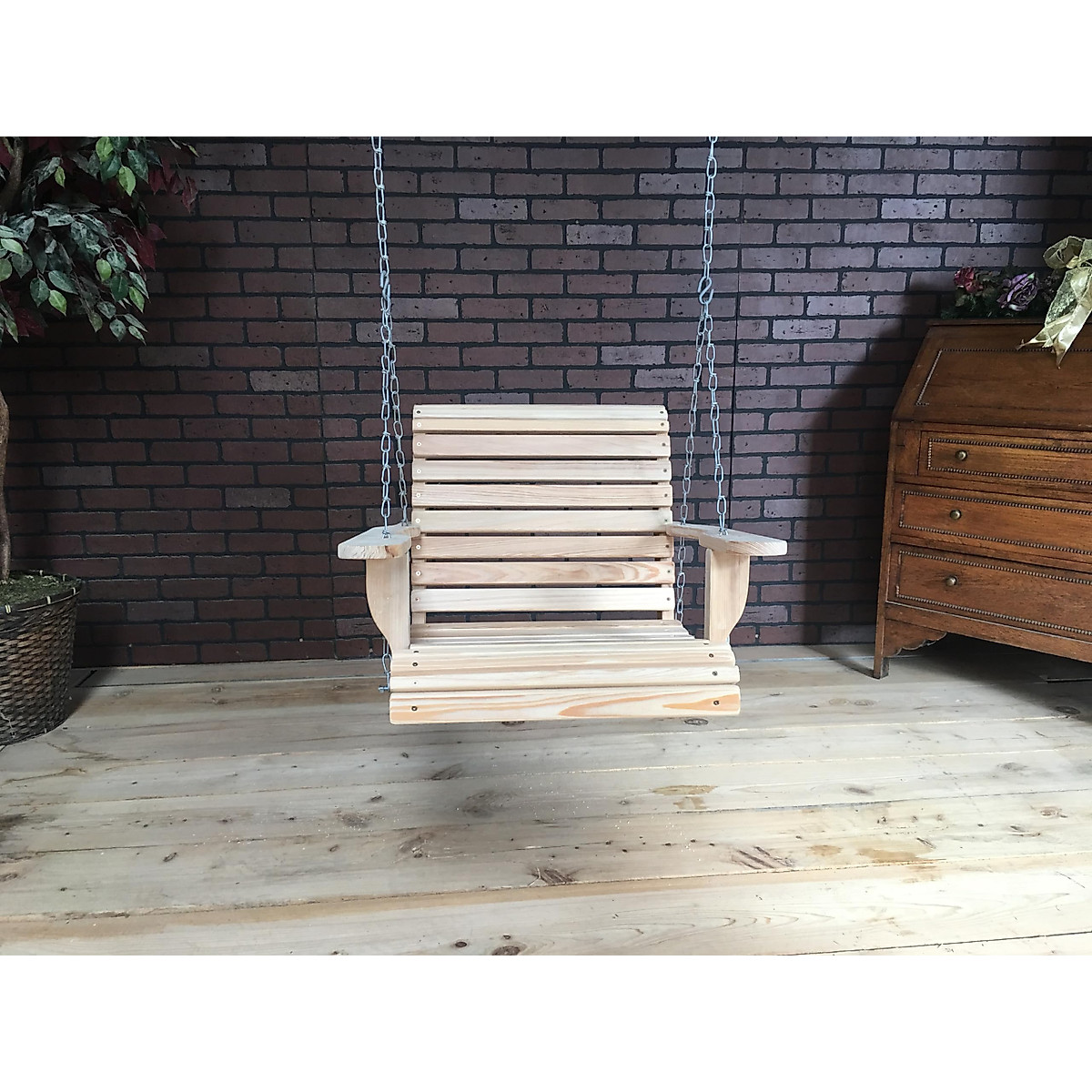 Generic 2FT Cypress Roll Porch Swing Made in USA with Hanging Hardware and Cup Holders, Unfinished Natural Wood Tone