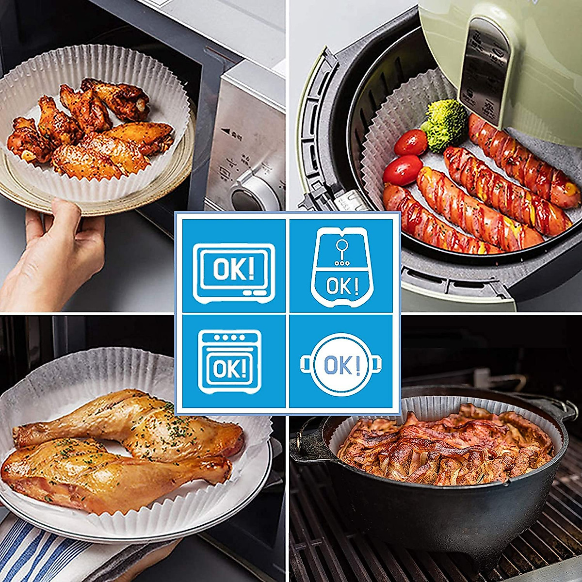 Air fryer disposable paper,Round Parchment Cooking Non-Stick,100pcs Roasting Food Grade Paper for Air Fryer,Baking, Cooking, Microwave ,Oil-proof,Water-proof (large)