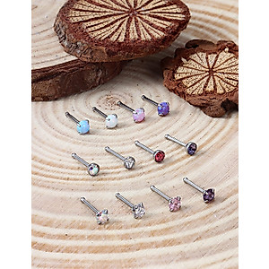 Uzgtvy 20G Nose Ring Stud Piercing Jewelry for Women 316L Stainless Surgical Steel Silver Opal Straight Hypoallergenic sensitive Nose Nostril Ring Pin Bone Bar Stud Body Piercing Jewelry Men 2mm 7mm