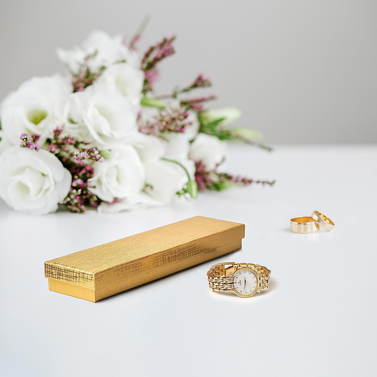 Prestige and Fancy Jewelry Gift Boxes, 20 Pack, 8 x 2 x 0.9 - Cotton Filled Cardboard Gift Box with Lids for Watches, Bracelets, Anklets, For Christmas, Party Favors, Jewelry Store (Gold)