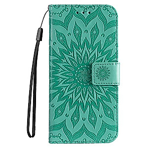 YADASON Compatible with Oppo Reno 6 Pro Plus 5G Wallet Case, Embossed Sunflower Pattern Magnetic Premium PU Leather [Kickstand] [Card Slots] [Wrist Strap] Phone Cover (Green)