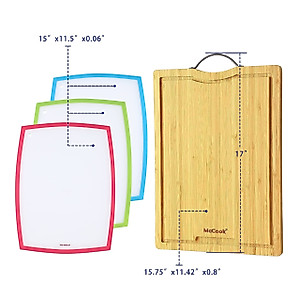 MC21 15 Pieces German Stainless Steel Knife Sets with Built-in Sharpener + MCW11 Bamboo Cutting Boards Set of 4 (Large, 17”11.4”0.8”)
