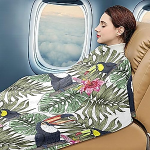 Joko Ivery Tropical Palm Leaves Birds Premium Soft Travel Blanket Pillow Airplane Blanket with Hand Luggage Belt & Backpack Clip Airplane Essentials 2 in 1 for Airplane Train Bus Car