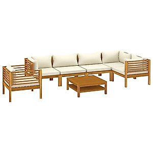 FAMIROSA 7 Piece Patio Lounge Set with Cream Cushion Solid Acacia Wood - 174.82 lbs