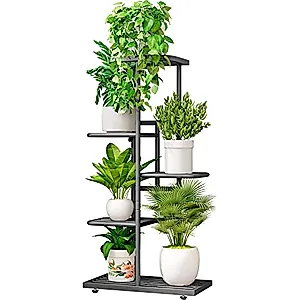 YIZAIJIA Plant Stand Metal 5 Tier 6 Potted Indoor Outdoor Multiple Flower Pot Holder Shelf Corner Planter Display Rack for Living Room Patio Garden Balcony (5 Tier 6 Potted, Dark Grey)