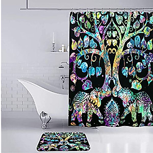 DuoBaorom 4 Pieces Set Boho Elephant Shower Curtain Set Boho Paisley Animal Tree of Life Picture Print on Non-Slip Rugs Toilet Lid Cover Bath Mat and Bathroom Curtain with 12 Hooks 72x72inch