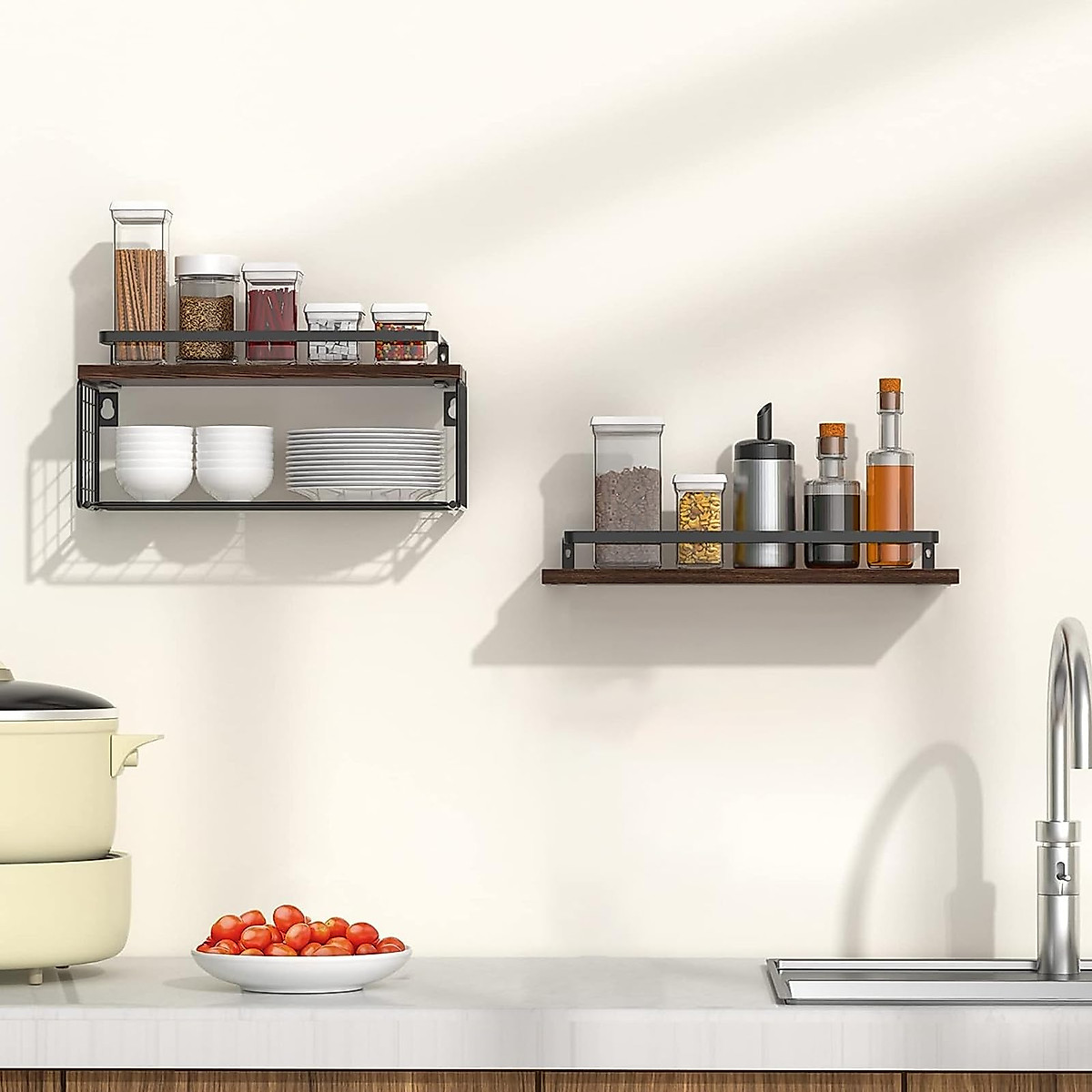 2Pcs Wall Mount Wooden Floating Shelves Metal Wire Mesh Basket Large Capacity Bathroom Shelves Over Toilet Storage Holder Organizer Rack for Bathroom, Kitchen, Living Room, Wall Decor Light Brown