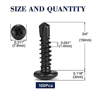 #8 x 3/4" Sheet Metal Screws 100Pcs 410 Stainless Steel Pan Head Tek Screws Fast Self Tapping Screws Black Oxide by SG TZH