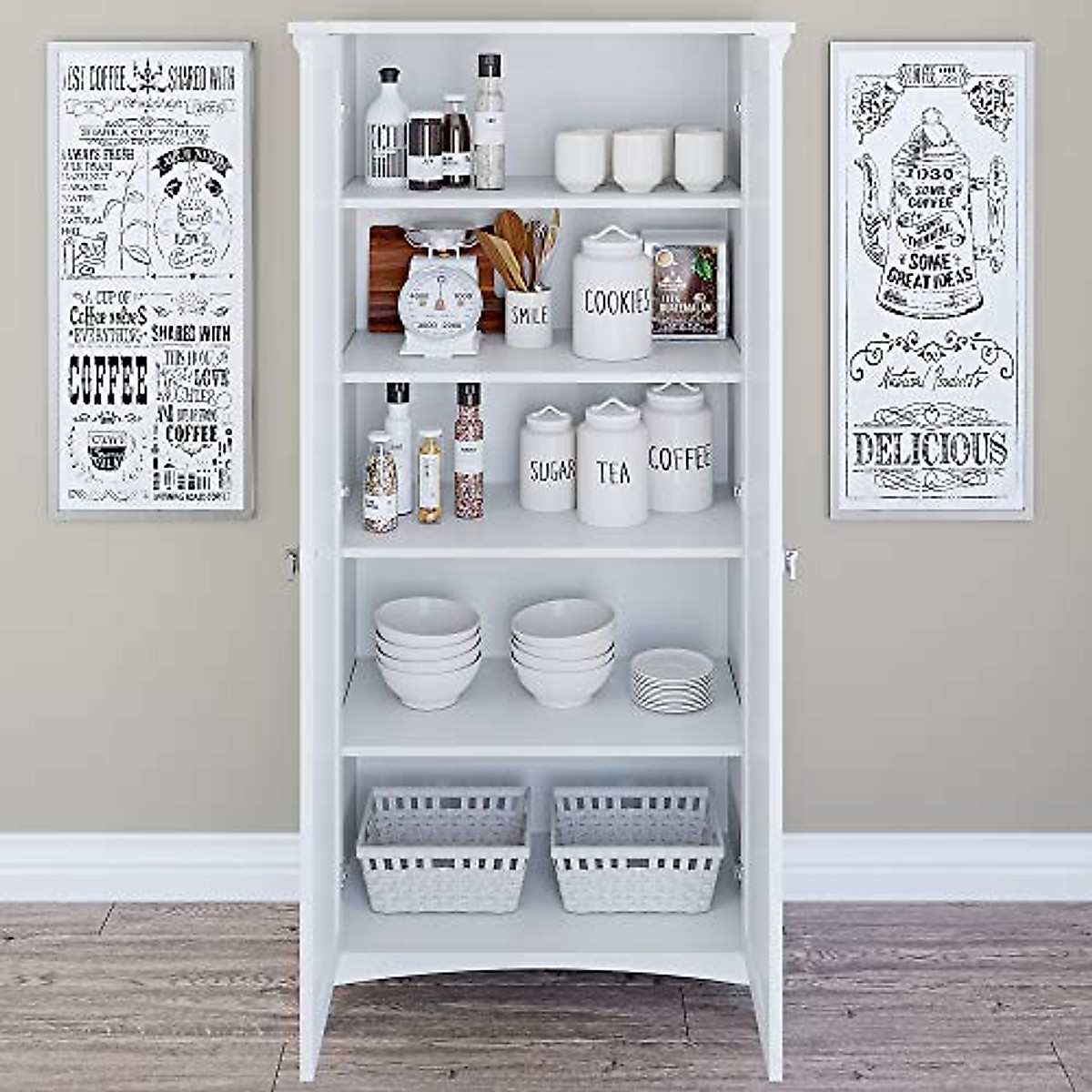 Bush Furniture Salinas Kitchen Pantry Cabinet with Doors, Pure White and Shiplap Gray