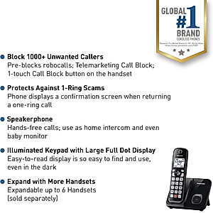 Panasonic Cordless Phone with Advanced Call Block, Bilingual Caller ID and Easy to Read Large High-Contrast Display, Expandable System with 1 Handset - KX-TGD810B (Black)