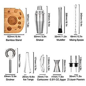 Cocktail Shaker Set with Stand | Perfect Bartender Kit for Home and Bar-Bar Tools Set: 24oz Martini Shaker, Muddler, Jigger, Strainer, Mixer Spoon, Tongs, Corkscrew, 2 Liquor Pourers, Recipes Cards