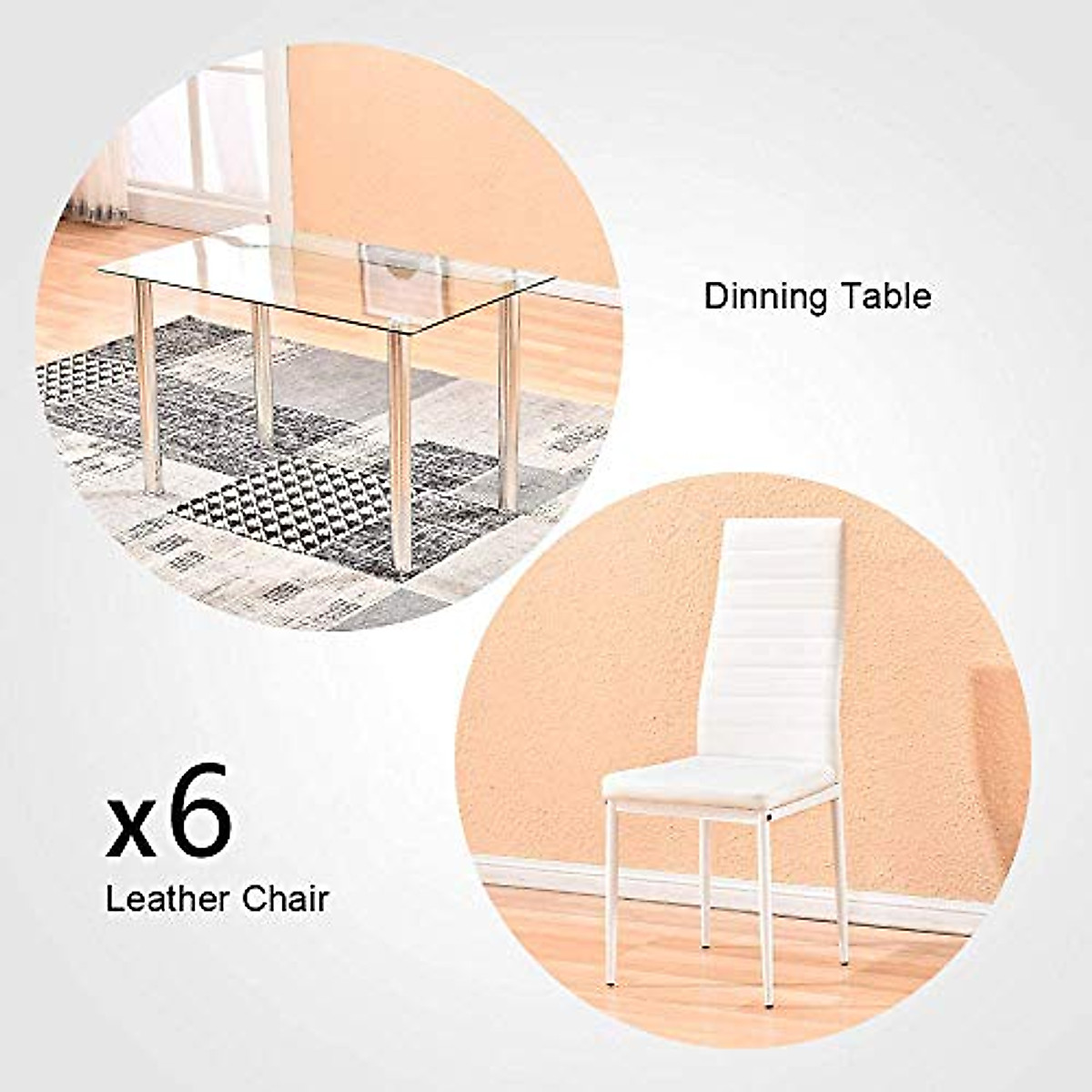 4HOMART Yvonne&F.L.A.M. 7PCS Dining Table and White Chairs Set Glass Dining Kitchen Table Set Modern Tempered Glass Top Table and White PU Leather Chairs