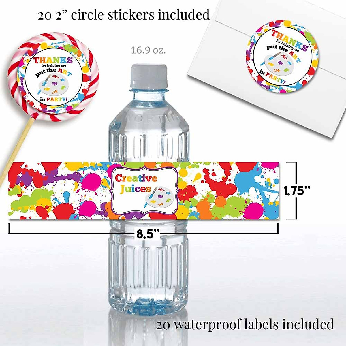 Amanda Creation Deluxe Art Party Paint Splatter Birthday Party Bundle Includes 20 Invitations & Thank You Cards with Envelopes + 3 Different Sizes of Stickers & Water Bottle Labels!