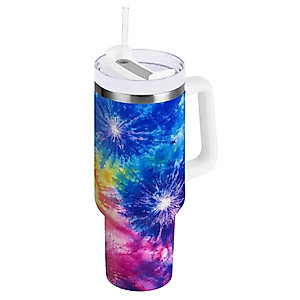 Msyxl 30 oz Insulated Stainless Steel Tumbler with Handle and Straw Lid - Leak-proof Coffee Mug for Men Women, Travel Mug Fits Cup Holder (Bright Tie-dye Pattern)
