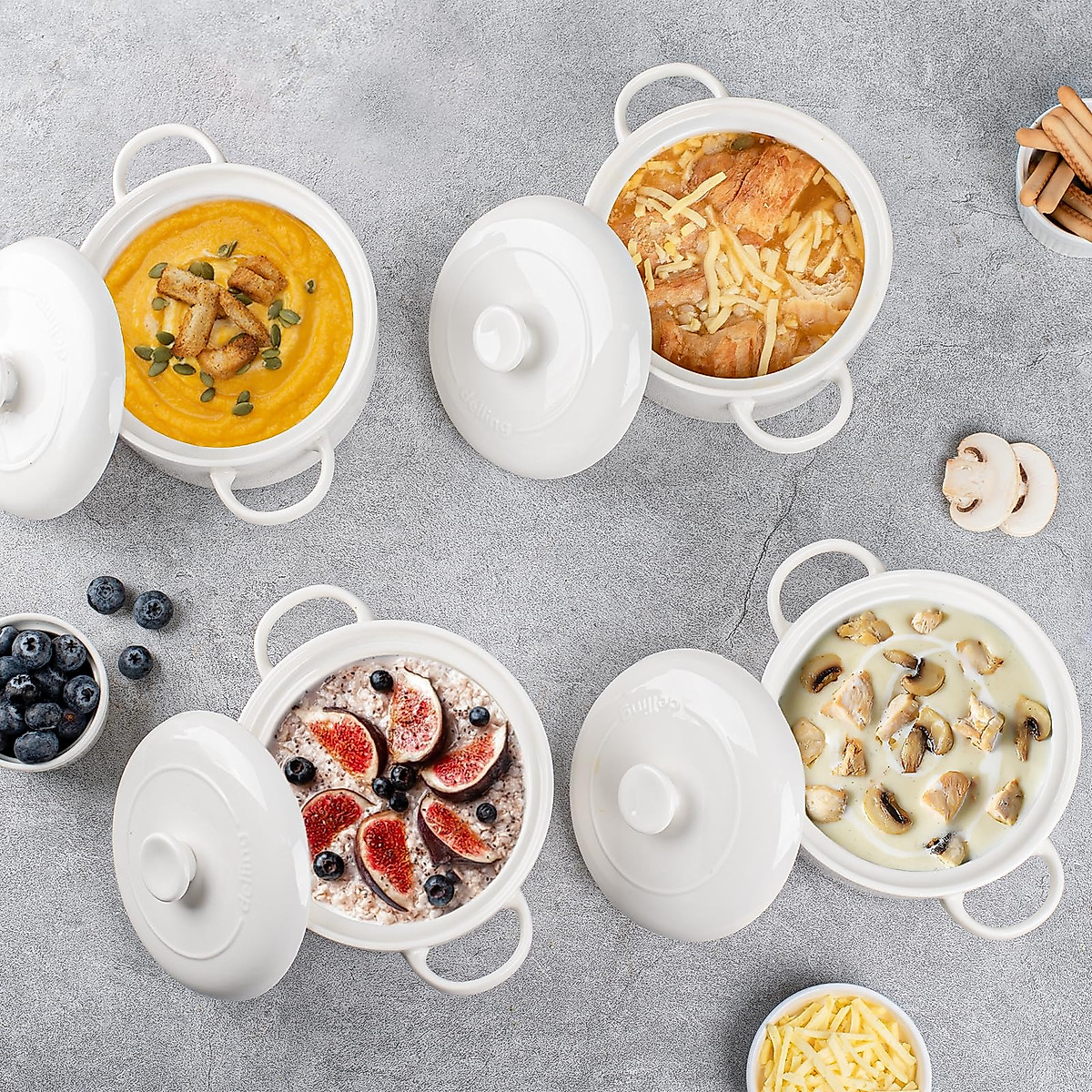 DELLING 28 Oz Soup Bowls with Handles and Lids, Large French Onion Soup Bowls, Ceramic Soup Crocks for French Onion, Oven Safe Bowls for Chili, Beef Stew, Cereal, Pot Pies, Bowls Set of 4, White