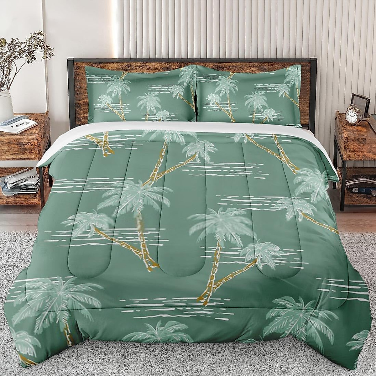 Pinbeam Comforter Set Queen Size, Palm Tree Ocean Retro Soft Bedding Set for Kids and Adults Bedroom Bed Decor, Green Mint Plant Comforter Set with 2 Pillowcases
