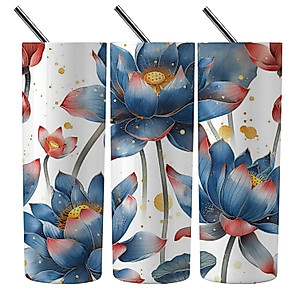 Medpol Blue Lotus tumbler with lid and straw 20 oz insulated tumbler cups Blue Lotus insulated travel coffee mugs for women cute sippy cups stainless insulated travel cups
