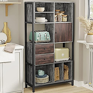 AOGLLATI 6-Tier Industrial Bookshelf, Bookcase with Cabinet and 2 Fabric Drawers, Adjustable Display Shelves with Metal Frame, Standing Storage Shelf for Living Room Bedroom Kitchen Home Office