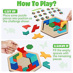 3 Pack Hexagon Wooden Puzzle Wood Russian Blocks Tangram Puzzle Brain Teaser Puzzles Geometric Jigsaw Block Russian Blocks Logic IQ STEM Montessori Toy for All Ages Kid Adult Intelligence (Fancy)