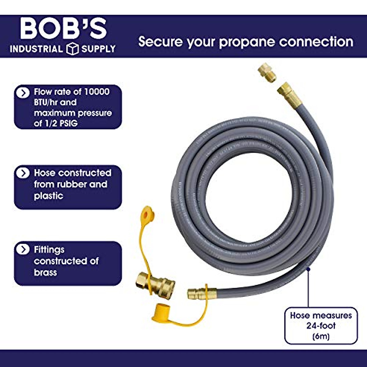 BISupply Natural Gas Grill Hose, 24ft - Flexible Gas Line Quick Connect Gas Hose 3/8in Female Flare to 1/2in Male Flare