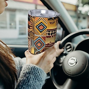 NHJKLWQSZ African Textile Patchwork 20oz Stainless Steel Tumbler With Lid And Straw, Double Wall Vacuum Insulated Coffee Mug Travel Cups Leak-Proof Lid For Hot And Cold Drinks, Metal Straws And Brush