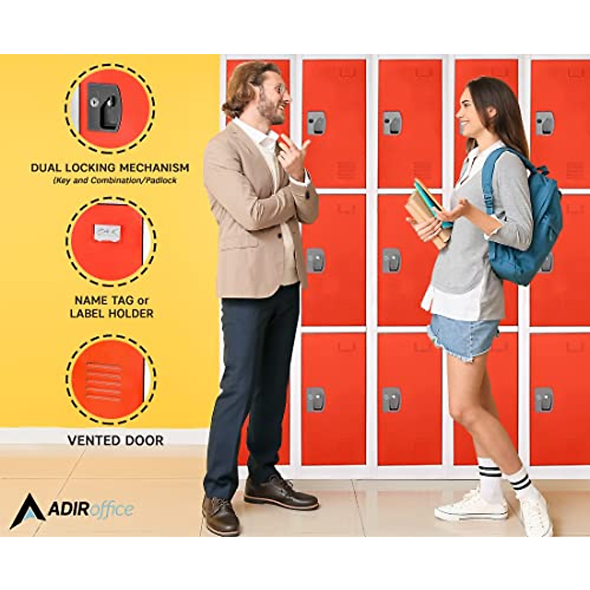 AdirOffice Large School Locker with 3 Doors 3 Hooks Storage Locker - Metal Storage Locker Cabinet Ideal for School, Garage, Office Lockers - (3 Door, Red)