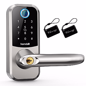 Fingerprint Door Locks with Handle, Hornbill Smart Keyless Entry Locks with Touchscreen Keypad,Bluetooth Front Door Lock, Electronic Digital Deadbolt with Reversible Handle, Free App, Fobs, Code