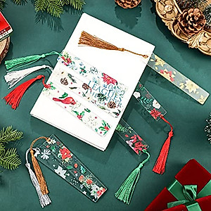 8 Pcs Christmas Flower Acrylic Bookmarks Transparent Acrylic Bookmarks with Colorful Tassels Christmas Red Birds Poinsettia Pine Cones Book Marks for Women Girls Teachers Kids Students