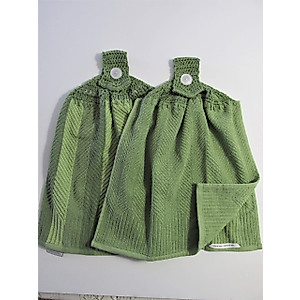 Set of 2 Green Doubled Chevron Design Hanging Kitchen Towels with Green Cotton Crochet Top - Best Quality