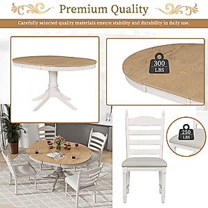 POCIYIHOME 5-Piece Retro Functional 42"-58" Wood Round Extendable 4 Upholstered Chairs, Set of 5, Family Dining Table Set for Restaurant, Kitchen (Off White)