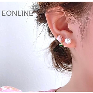 Tulip Pearl Stud Earrings Jewelry 14K Gold Plated Oil Drop Pearl Pink Flower Earrings Women by EONLINE