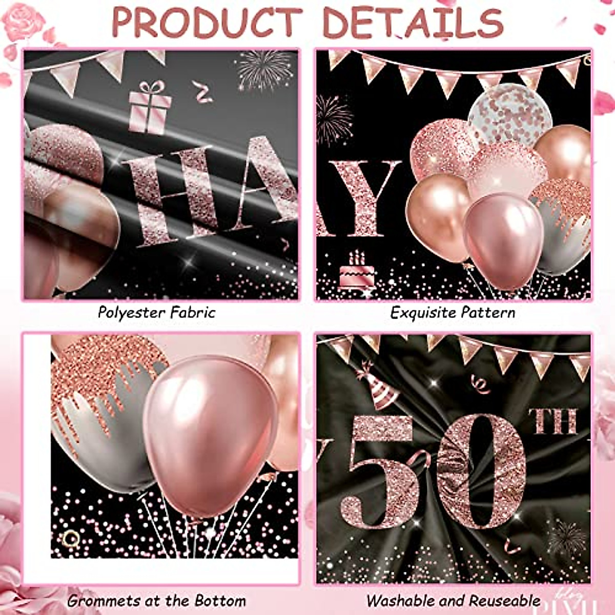 Large Happy 50th Birthday Banner Black and Rose Gold Yard Sign Birthday Banner for Women Girl 50 Years Old Birthday Photo Backgroud Party Indoor Outdoor Decoration Supplies 118 × 19.6 Inch
