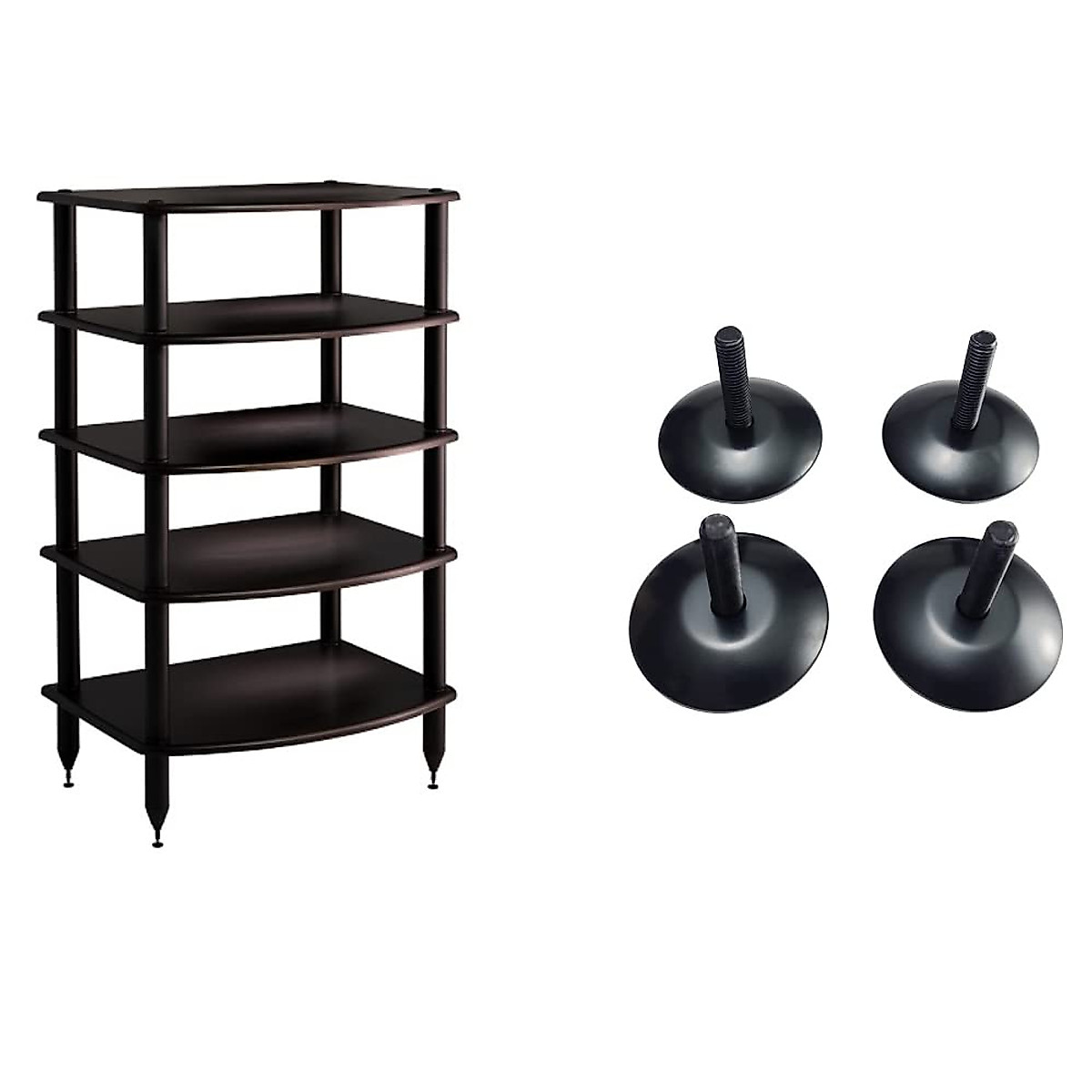 Pangea Audio Vulcan Rack and Glide Feet Bundle Espresso Five Shelf Audio Rack Media Stand Components Cabinet and Feet Set of 4
