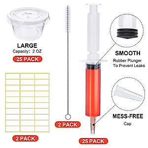50 Pack Syringes Set Include 25 2 oz Syringes, 25 Cups with Lids for Vampire Zombie Halloween Party, Nurse Graduation Props(60 Lables, 2 Cleaning Brush)