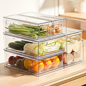 MineSign 4 pack Stackable Refrigerator Organizer Bins Pull-Out Drawers for Fruit and Veggies Storage Organizer for Fridge Clear Drawer Containers with Handle Divided Organization for Produce Saver