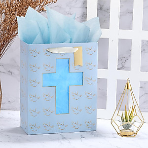 Sawnfay Blue Gift Bag - 10" x 5" x 13", for Baby Boy Baptism, Christening, First Communion, Religious Events, with Cross cut window Design and Tissue Paper