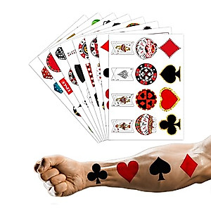Casino Theme Temporary Tattoos Birthday Party Decorations Favors Decor Supplies Cute Tattoo Stickers 8 Sheets 96 PCS Gifts for Kids Boys Girls Games Classroom Rewards Prizes Carnival Christmas